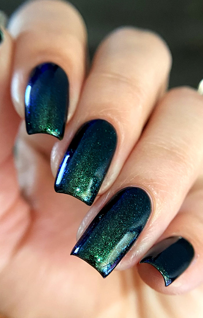 Ethereal Nights. Black Base, Green Shifting Shimmer Nail Polish Aurora